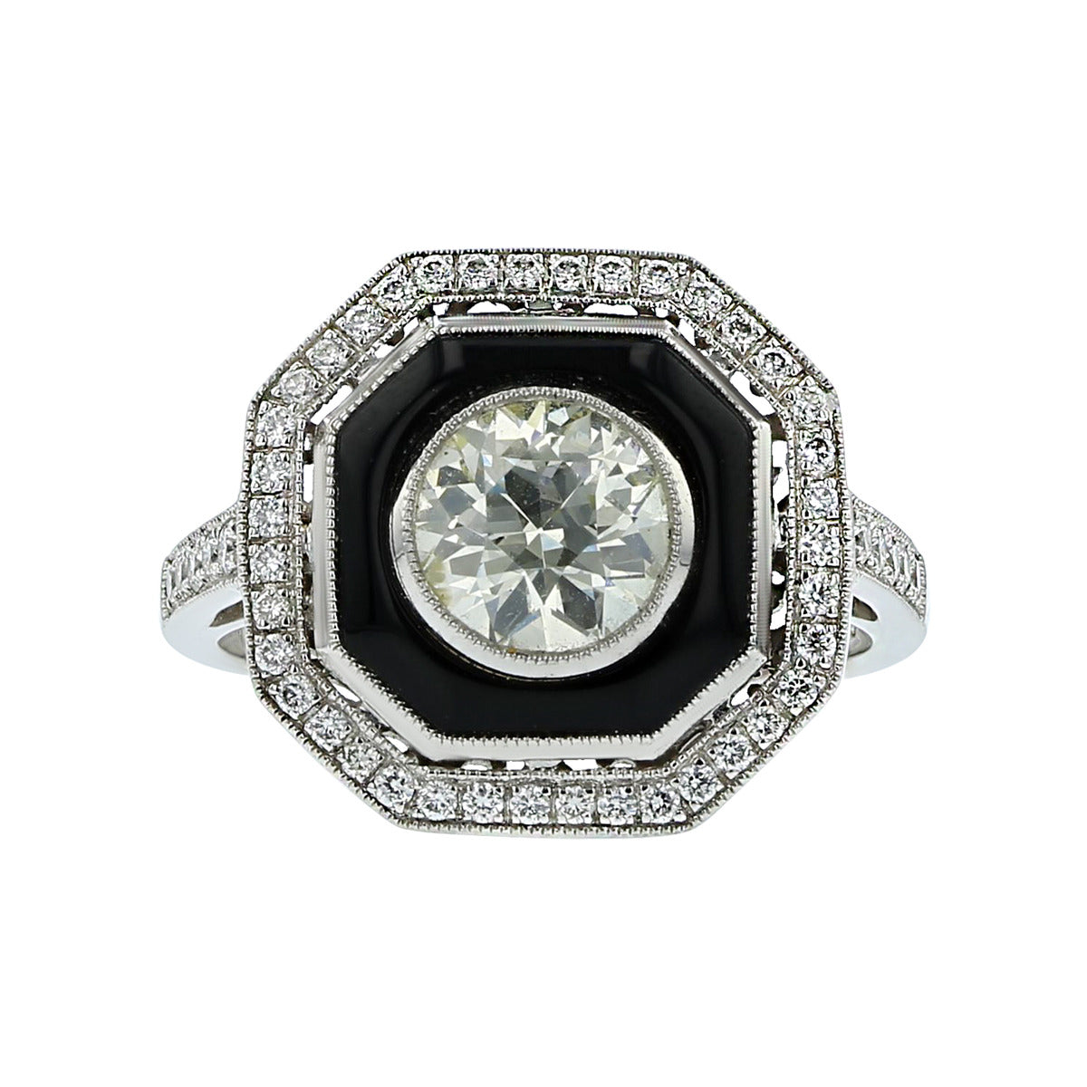 Platinum European Cut Diamond and Onyx Ring